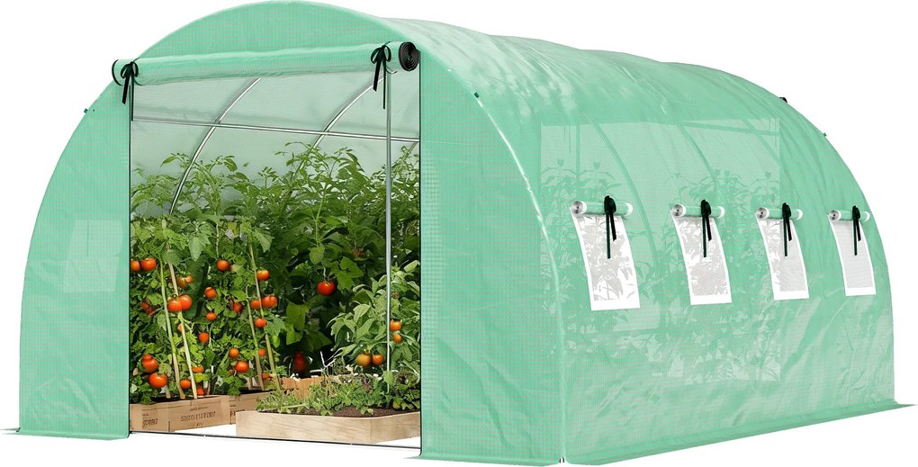 Outsunny tunelový zahradní skleník, přibližně 12 m² — 295 × 400 × 200 cm, pozinkovaný ocelový rám, 2 rolovací dveře a 8 větracích oken, krytina PE 140
