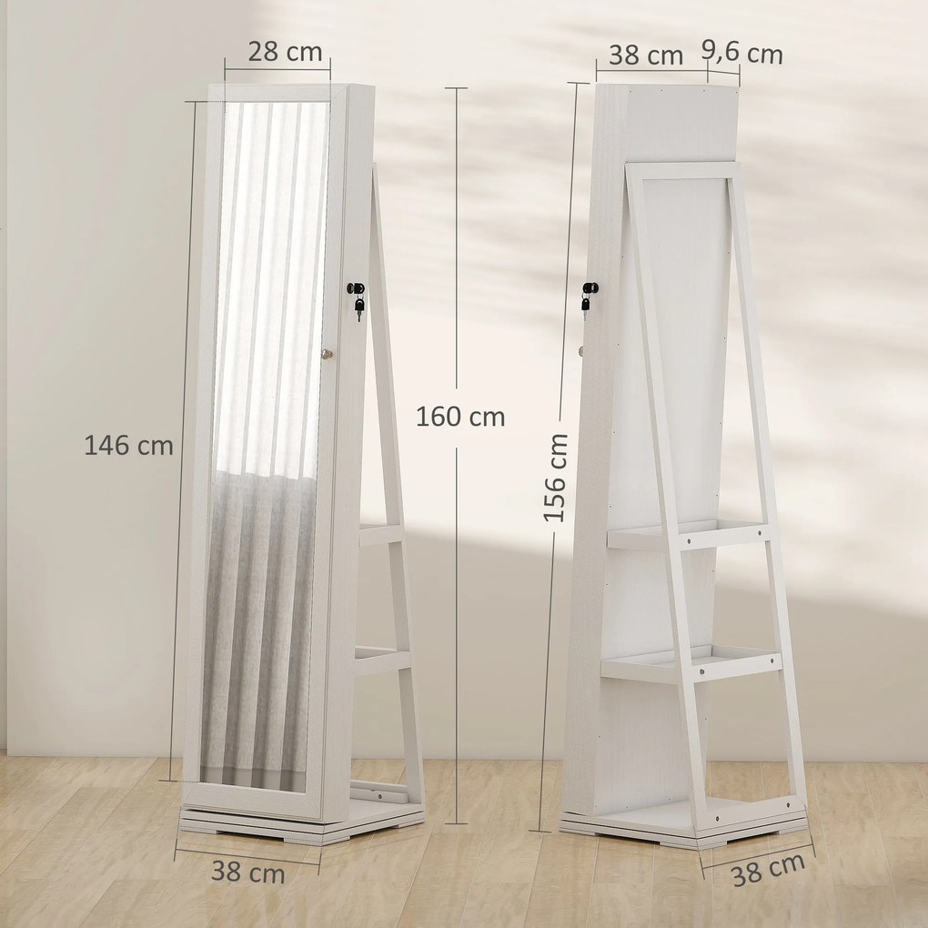 HOMCOM stojací zrcadlo na šperky, šperkovnice, 360° otočná šperkovnice se zámkem, zadní police a vestavěné malé zrcadlo 38x38x160 cm, bílá žilkovaná