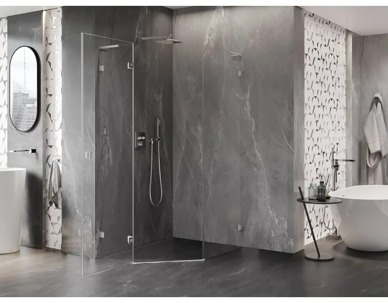Mexen Lunar, L pětiúhelníkový sprchový kout naklápěcí doleva 80 x 90 cm, 8mm čiré sklo, ocelový profil, 831L-080L-090P-97-00-L