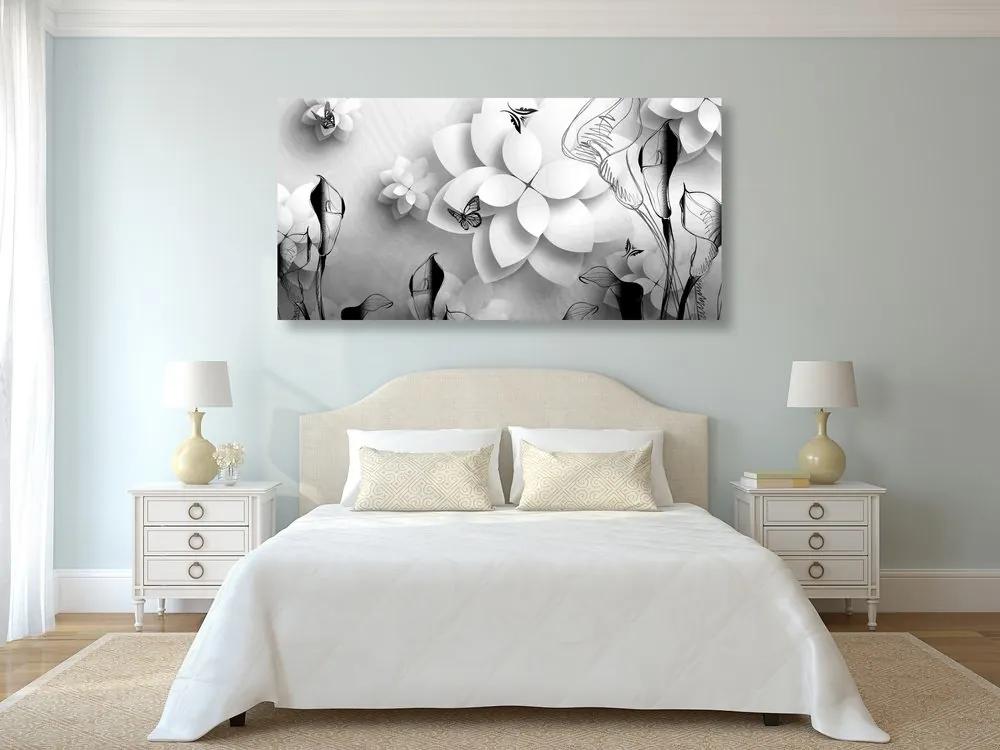 Obraz abstraktní květiny v černobílém provedení - 120x60 cm