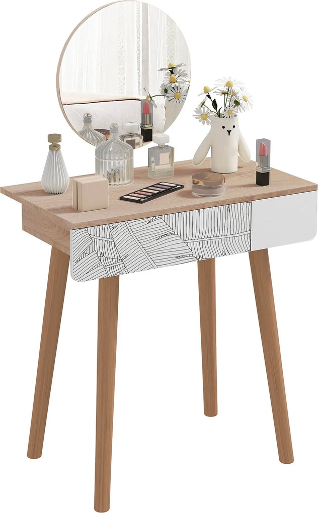 HOMCOM Toaletní stolek s kulatým zrcadlem Ф39cm, Toaletní stolek se zásuvkou s dekorací džungle, Bílý a dubový, 70x39x119-128cm | Aosom