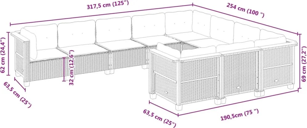 10dílná zahradní sedací souprava s poduškami béžová polyratan 3262033