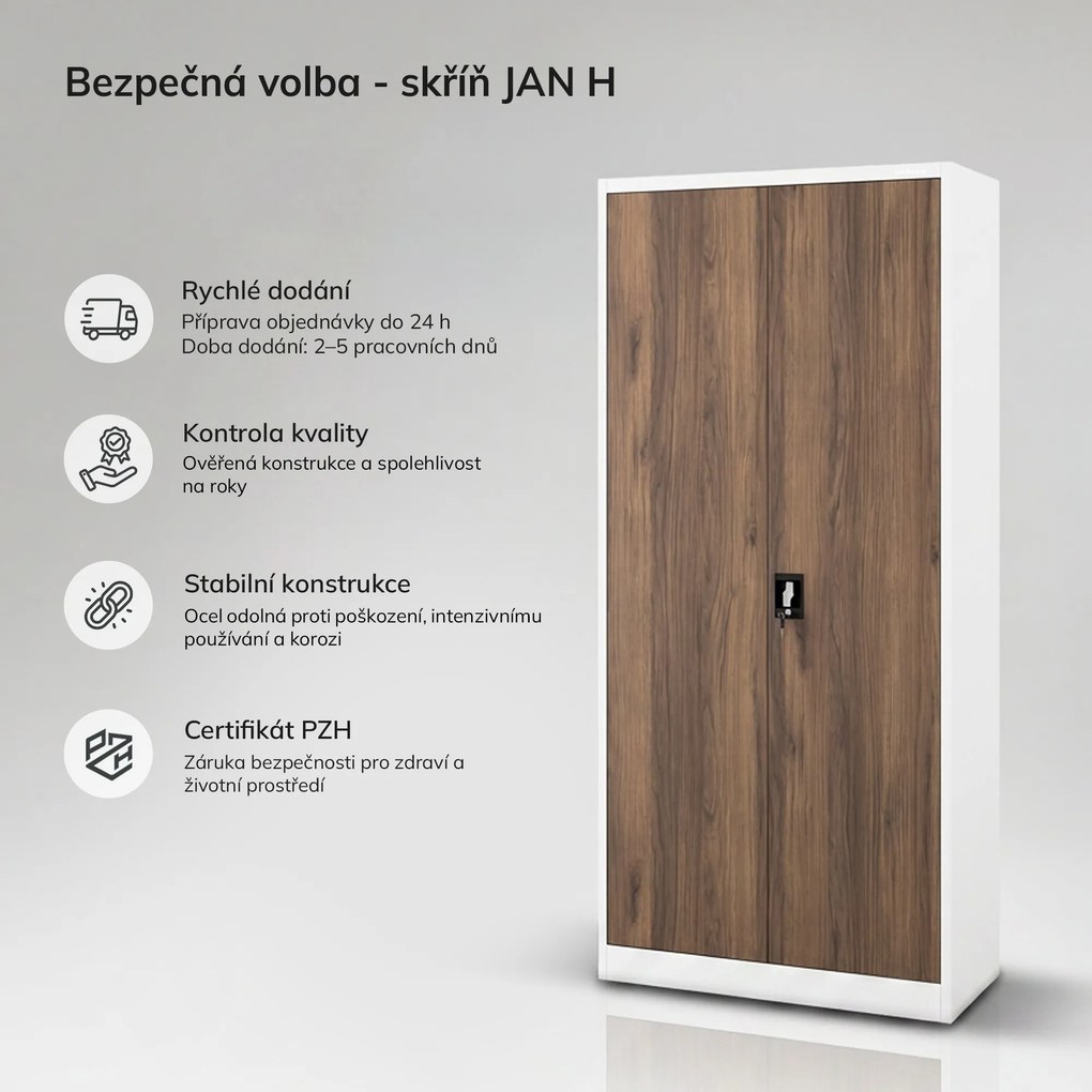Kovová kancelářská skříň na dokumenty bílá / ořech, 900x1950x400 mm: JAN H Eco Design