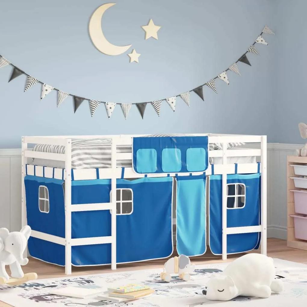 vidaXL Dětská patrová postel se závěsy 90x200 cm borovice [3206964] Barva: Přírodní a modrá