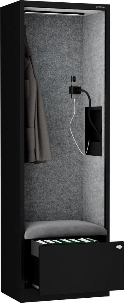 Kancelářská akustická kabina se sedátkem a USB-C portem, korpus černý / sedák šedá, 600 mm: SALLY MentalBox