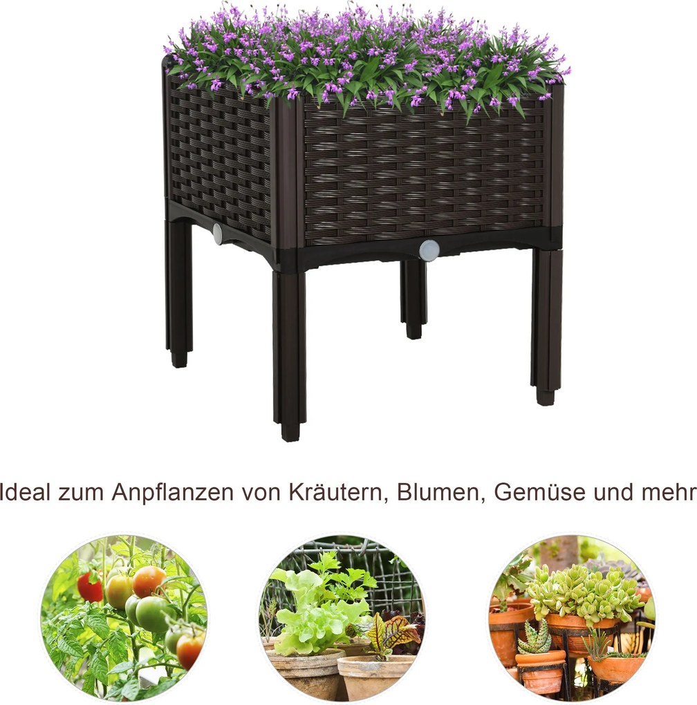 Zvýšený záhon Outsunny, květináč s drenážními otvory, květinový box v ratanovém vzhledu, plast, hnědý, 40 x 44 cm