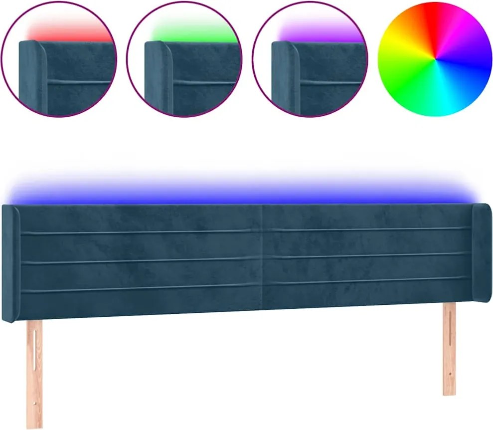 Čelo postele s LED tmavě modré 203 x 16 x 78/88 cm samet 3123446