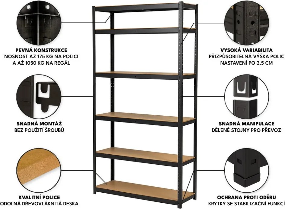 Akce 20x Regál 240x90x40 cm lakovaný 6-policový, nosnost 1050 kg - černý