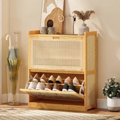 HOMCOM úzká botníková skříňka z bambusu s 2 sklápěcími ratanovými zásuvkami pro 12-14 párů bot, 69x29x83 cm, přírodní
