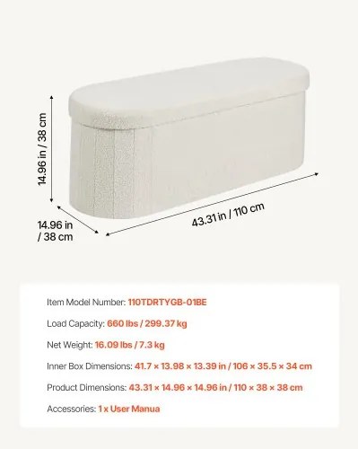 Oválný úložný taburet, Nosnost 299,371 kg VEVOR – 1060 × 355 × 340 mm