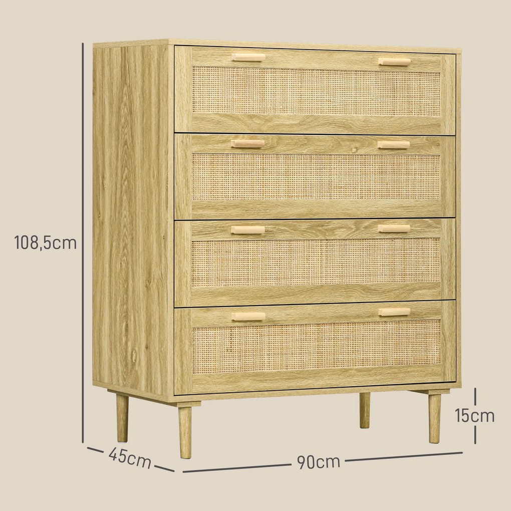 HOMCOM Komoda s 4 zásuvkami v boho stylu s ratanovým předním panelem, světle dřevěná, 90Š x 45H x 108,5V cm