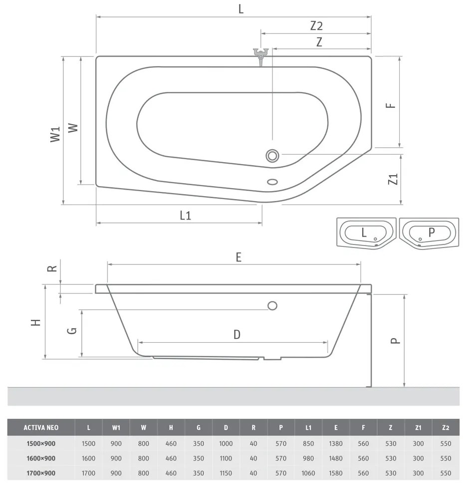 Roth Asymetrická akrylátová vana ACTIVA NEO Varianta: rozměry: 160x90 cm, orientace: Pravá - (ACTIVA NEO 160 P - 9870000)