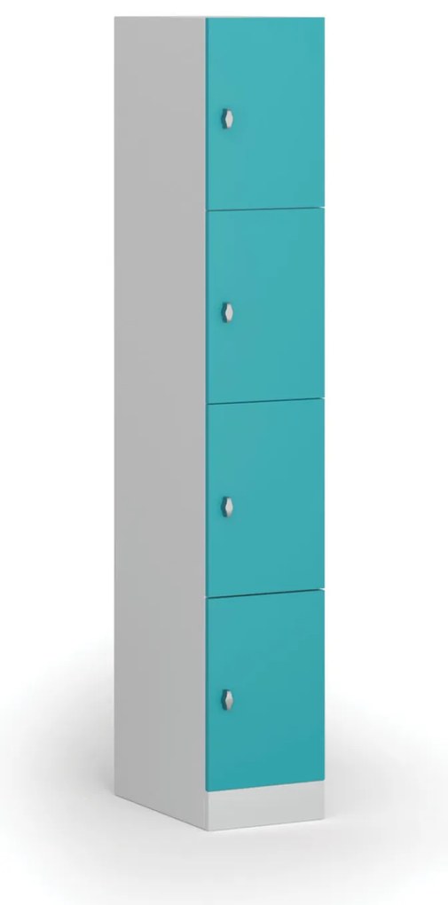 Šatní skříňka S1 s úložnými boxy, 4 boxy, 1850 x 300 x 500 mm, otočný zámek, zelené dveře