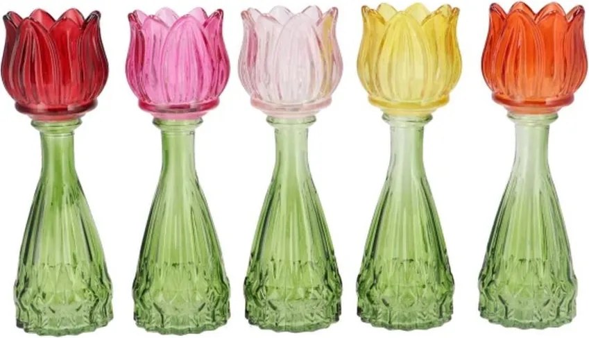 5ks barevný mix skleněný svícen/ váza tulipán Love Tulip - Ø 7*22 cm