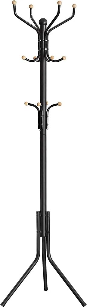 Stojan na kabáty se 12 háčky, stabilní kovový věšák, 182 cm vysoký, černý