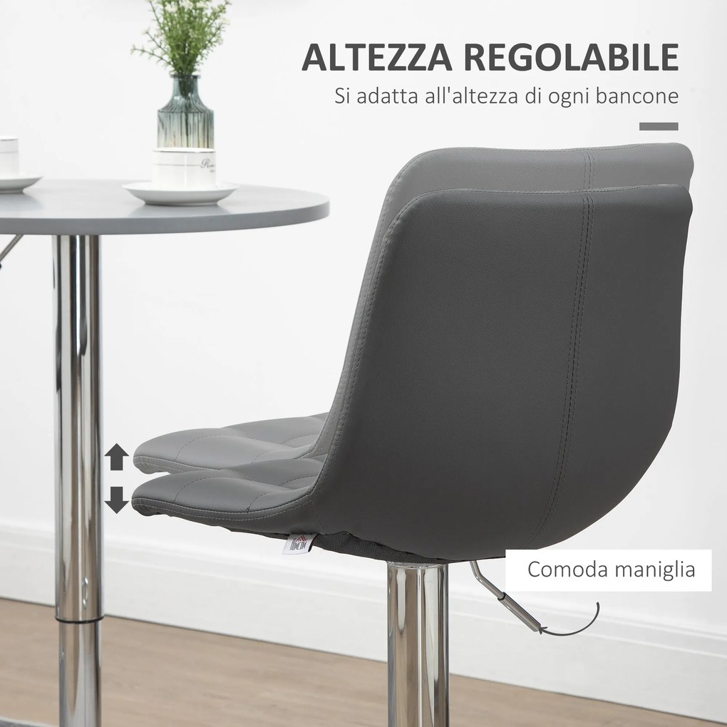 HOMCOM Sada 2 barových židlí z imitace kůže s opěradlem, otočné kuchyňské a obývací židle s opěrkou nohou, 42x45x89-110cm, Šedé