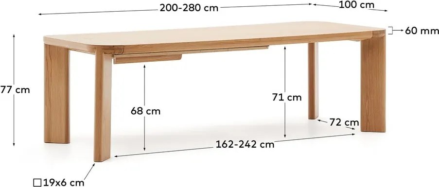 Rozkládací jídelní stůl s deskou v dubovém dekoru v přírodní barvě 100x200 cm Jondal – Kave Home