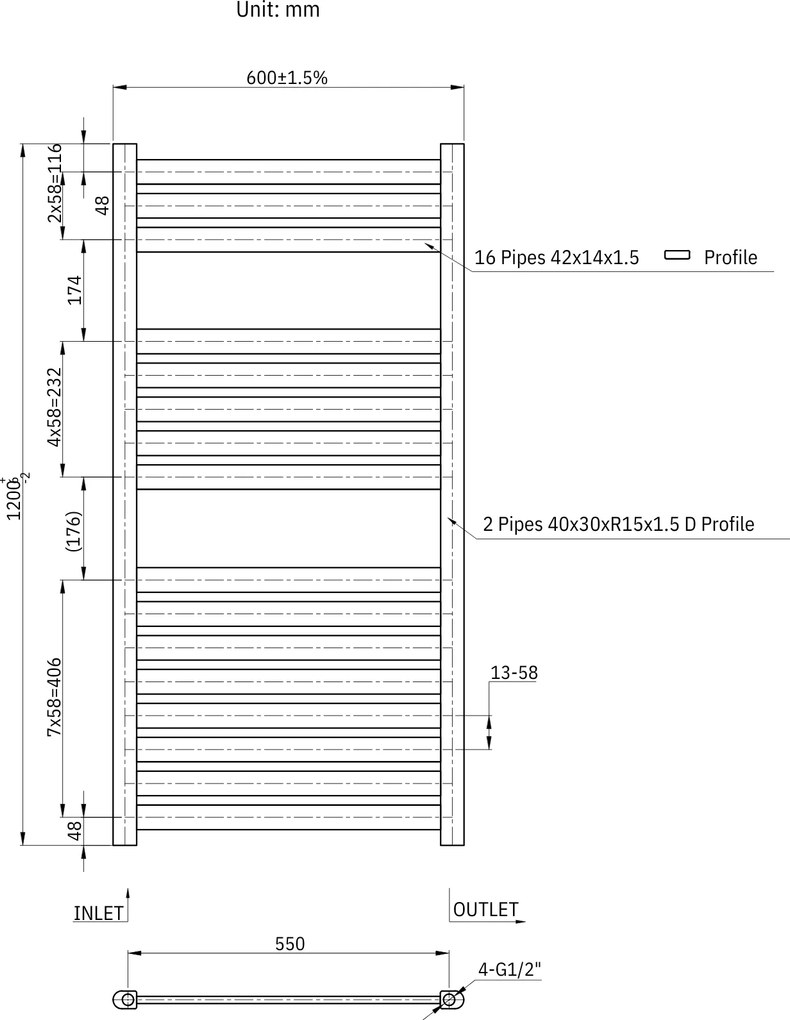 Gamma Artic, topné těleso 600x1200 mm, 560 W, černá matná, GMA-ARCT-12060-BK