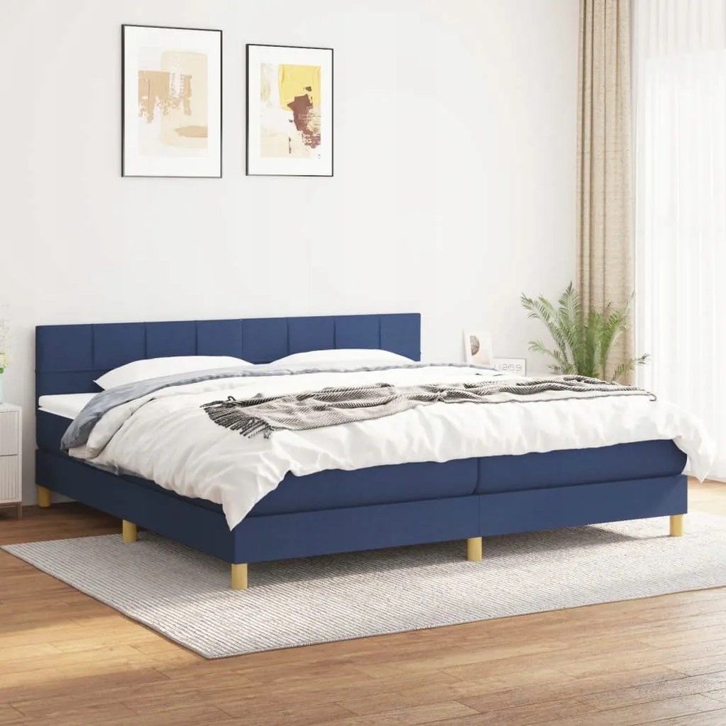 Box Spring Postel S Matrací Textil Modrá Blok se čtverci 200 x 200 cm