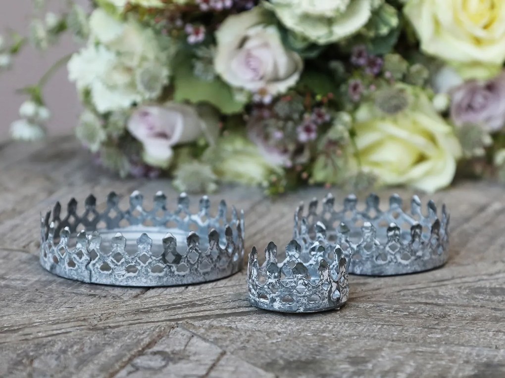 Set 3ks zinkový antik kovový svícen Lace Crown - Ø 4,5*2,5 / Ø 8*3/ Ø 10*3cm