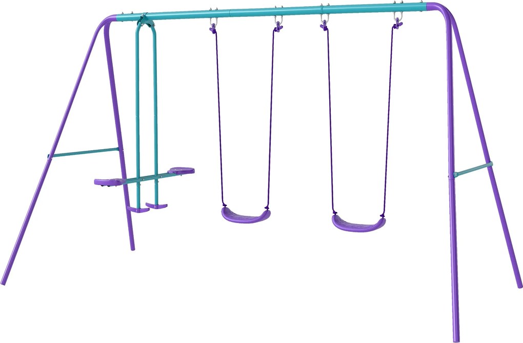 Outsunny Zahradní Houpačka z Kovového Rámu s Nastavitelnou Výškou pro Děti od 3 Let s Dvojitou Houpačkou pro Terasu 280x140x176 cm Modrá a Fialová | A