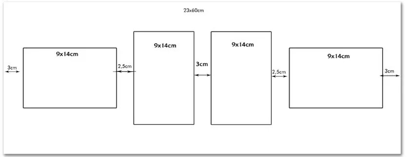 Pasparta do rámečku 23x60cm - Panorama Velikost: 23x60cm, výsek: 9x14cm - 2x + 14x9cm - 2x (pro 4 foto 10x15cm), Barva pasparty: Bílá