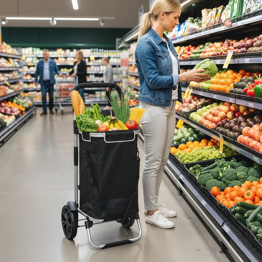 HOMCOM nákupní vozík 3 v 1 skládací s objemem 40 l s možností naložení až 25 kg s chladicí přihrádkou černý