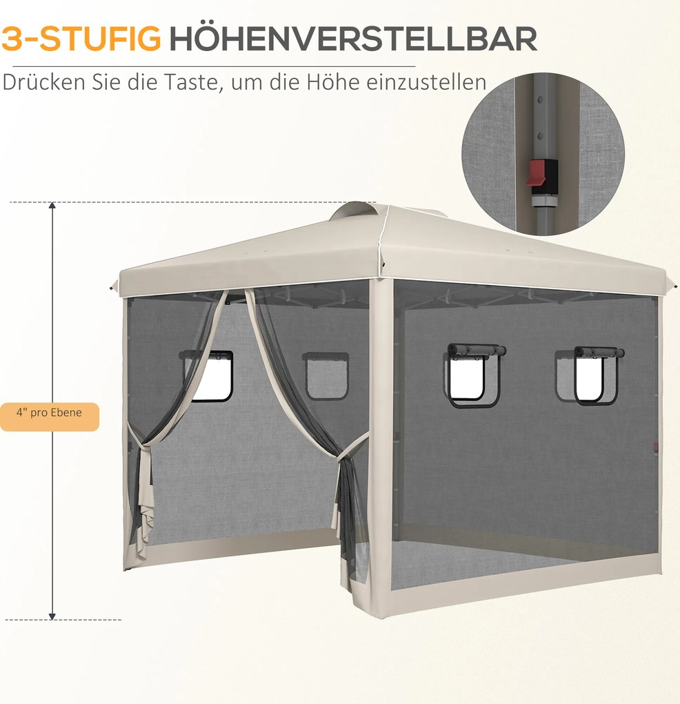 Skládací altán, výškově nastavitelný, síťové závěsy, taška na přenášení, kovový rám, 3 x 3 x 3 m, béžový