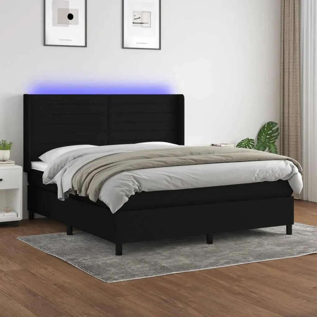 Box Spring Postel S Matrací A Led Černá Textil Černá vodorovné pruhy 160