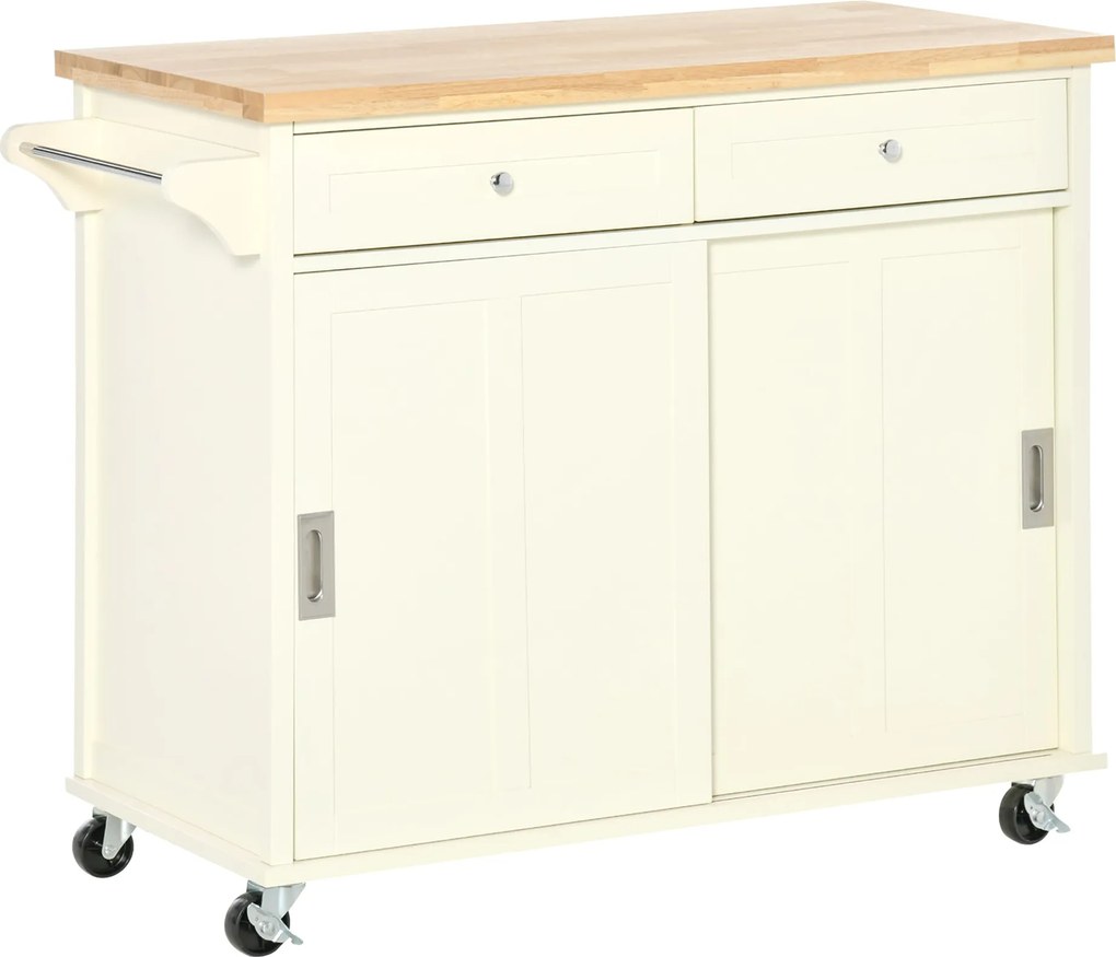 HOMCOM Multifunkční kuchyňský vozík se skládacími koly, 2 posuvné dveře, 2 zásuvky a závěsná tyč, 110x49,5x89,5 cm, krémová | Aosom