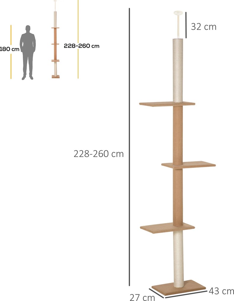 PawHut škrabadlo stropní vysoké 228-260 cm výškově nastavitelný šplhací strom pro kočky strom na hraní v khaki barvě | Aosom.de