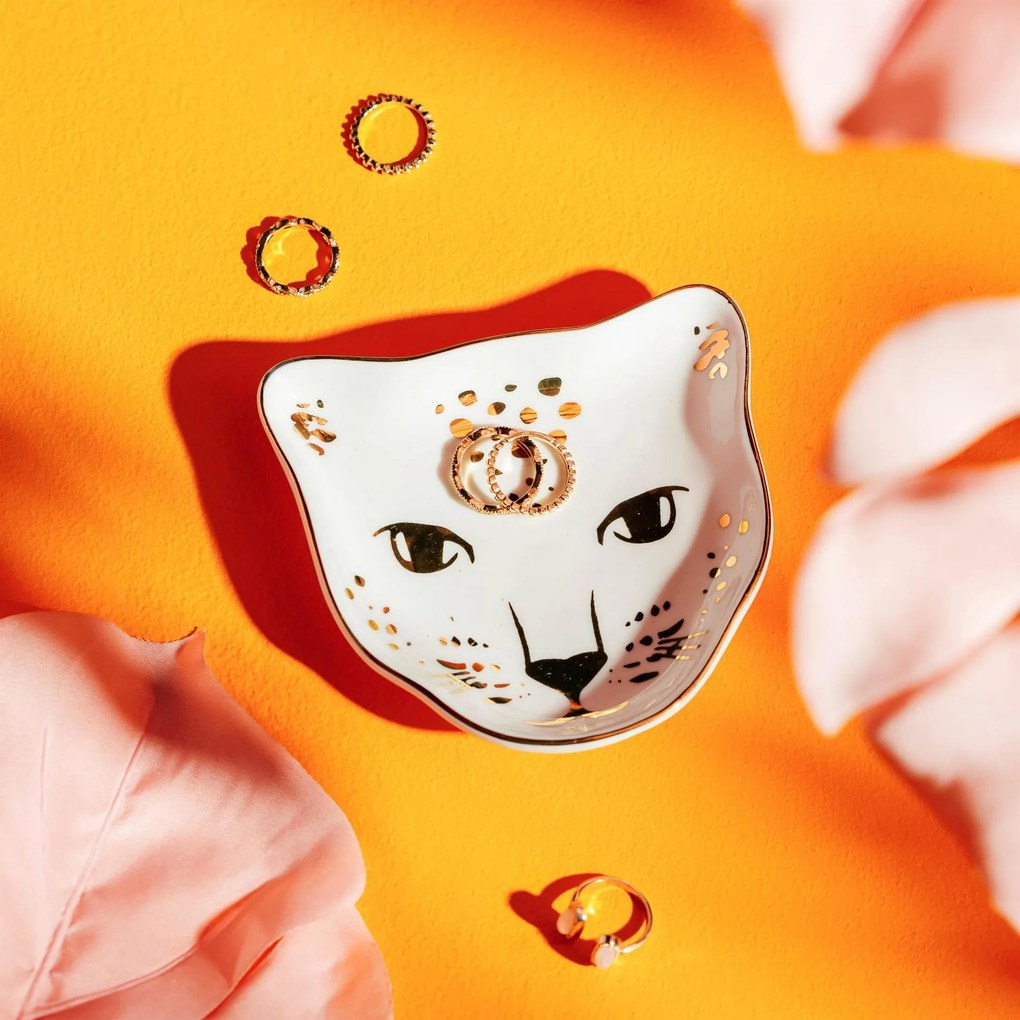 sass & belle Porcelánový talířek na šperky Leopard Love 11,8 cm, bílá barva, zlatá barva, porcelán
