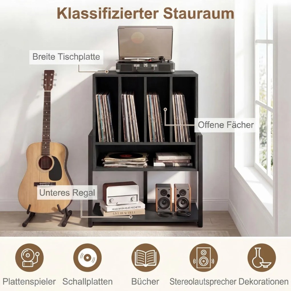 Costway Gramofonový stojan se širokou deskou a 4 přepážkami vinylový stůl