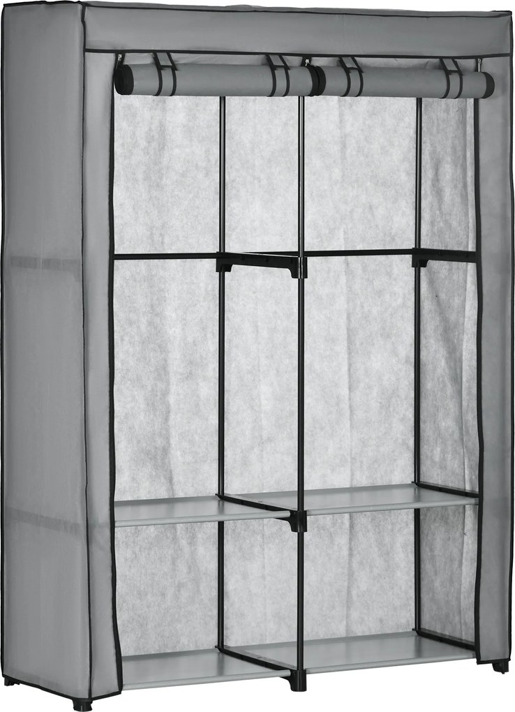 HOMCOM Textilní Šatník se 2 Tyčemi na Oblečení, 4 Policemi a Zipem, Skládací Textilní Skříň do Ložnice, Šatny, 118 x 49 x 170 cm, Světle šedá | Aosom