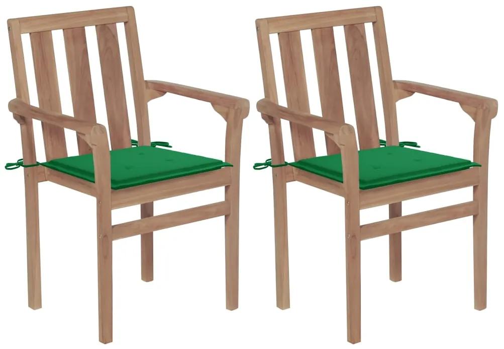 3062213 vidaXL Zahradní židle 2 ks zelené podušky masivní teakové dřevo
