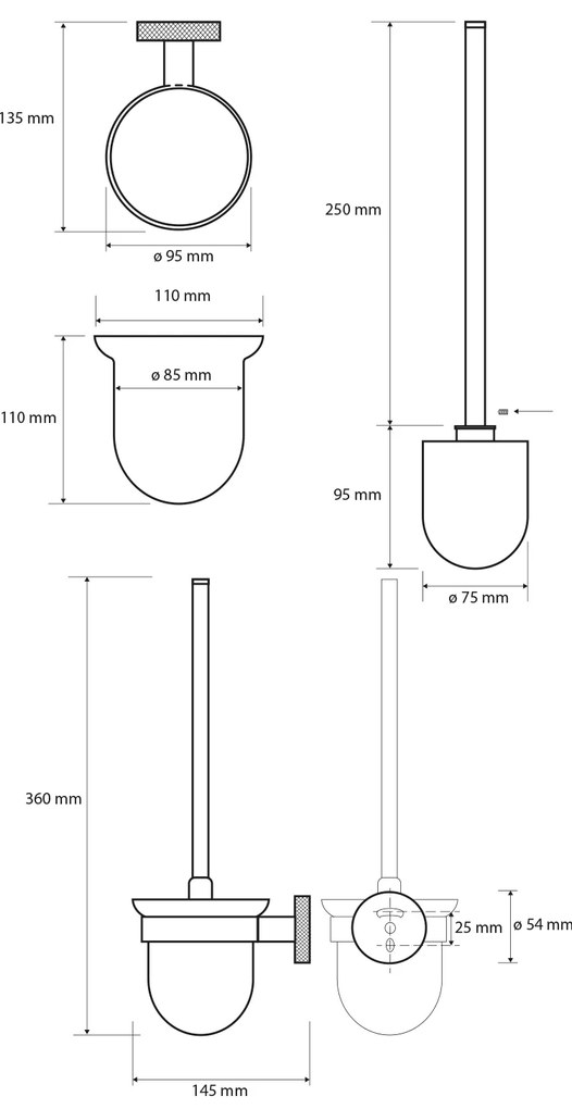Sapho Sapho, LARISSA WC kartáč, mléčné sklo, černá/zlato mat, WS008BG