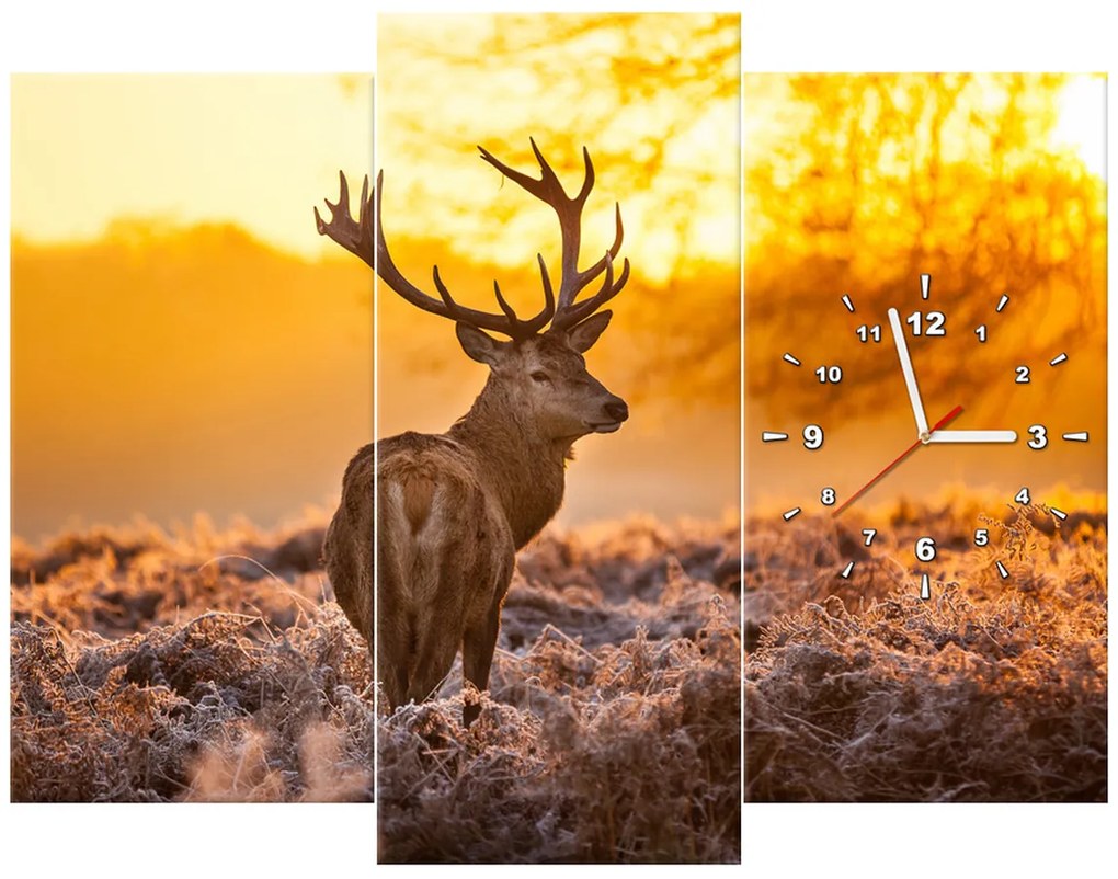 Gario Obraz s hodinami Silný jelen - 3 dílný Rozměry: 90 x 30 cm