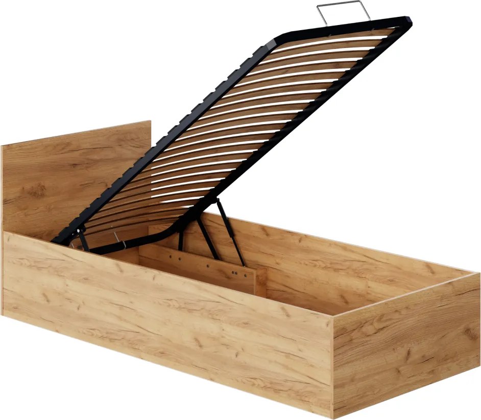 Postel s kovovým roštem a úložným prostorem, 90x200, dub craft zlatý, DOLI