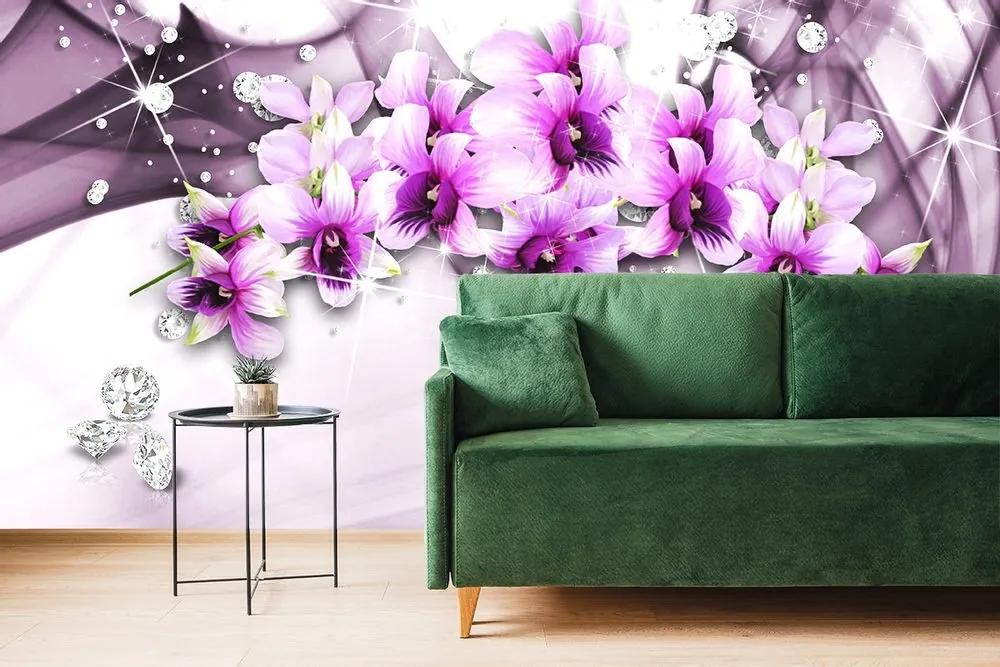 Samolepící tapeta fialové květiny na abstraktním pozadí - 225x150 cm