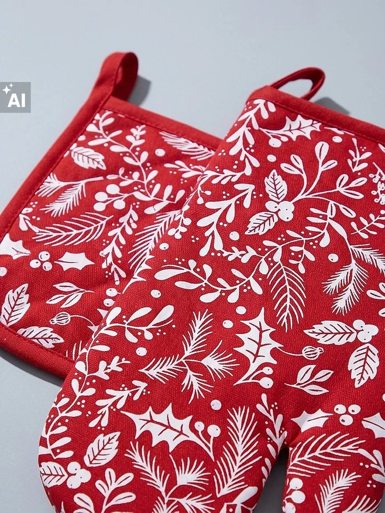 Sinsay - Vánoční sada: kuchyňská chňapka a podložka pod hrnec s rostlinným vzorem 2 pack - červená