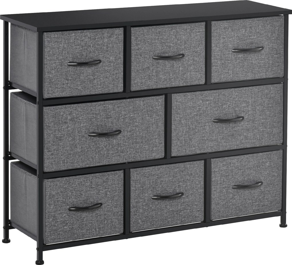 HOMCOM Komoda s 8 textilními zásuvkami, úložná skříň s úchyty, kovový rám, moderní design do ložnice a obývacího pokoje v tmavě šedé barvě