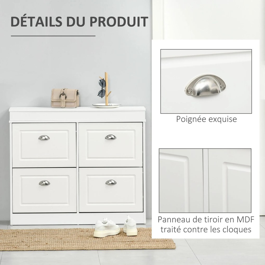 HOMCOM Skříň na boty Úložná jednotka na boty rozměry 98D x 24Š x 83V cm 4 výklopné dvířka Dvojitá úroveň MDF Bílá