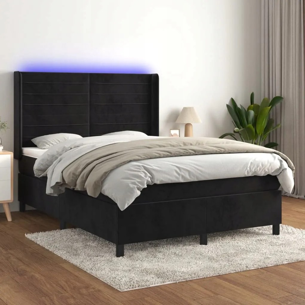 Box Spring Postel S Matrací A Led Černá Samet Černá vodorovné pruhy 140 x
