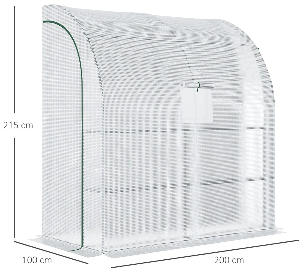 Outsunny fóliový skleník na rajčata 200x100x215cm s oknem ze síťoviny a rolovacími dveřmi UV ochrana v bílé barvě pro rostliny a zahradu