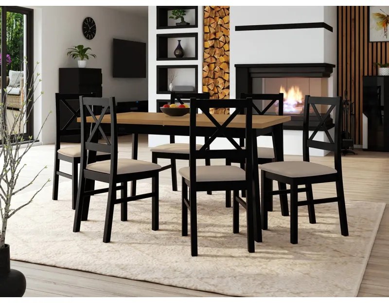 Stůl se 6 židlemi - AL43, Barva dřeva: dub grandson - L, Potah: Hygge D91, Barvy nožiček: Bíla