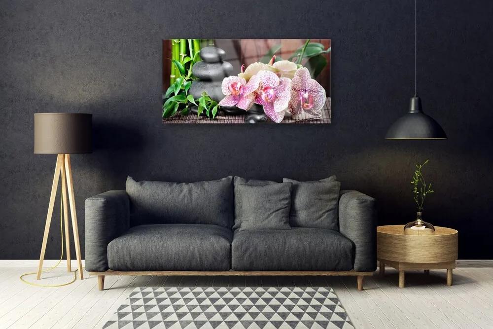 Obraz na skle Bambus Kameny Zen Květiny 125x50 cm