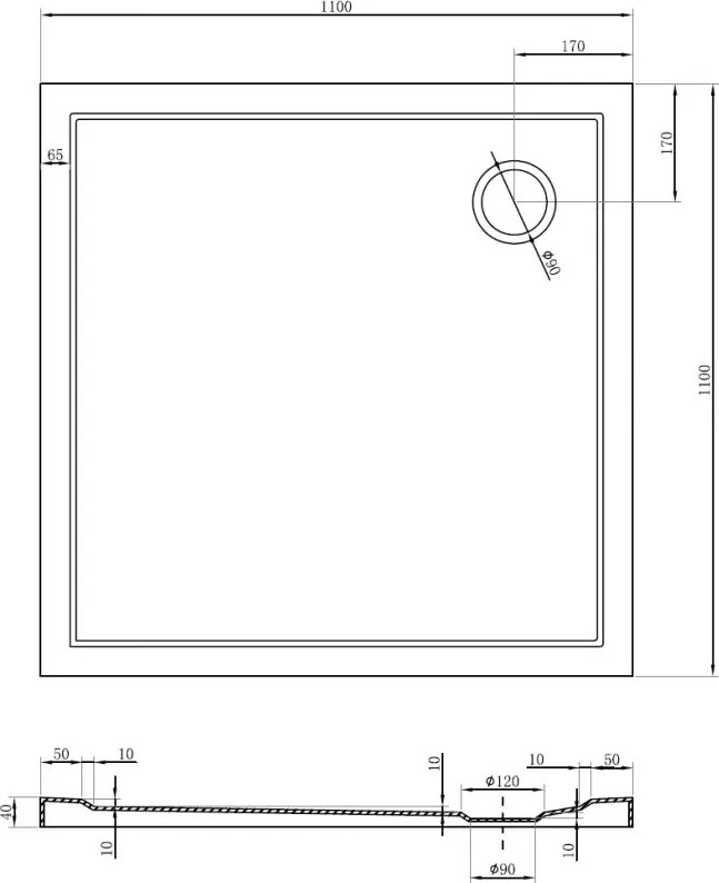 Mexen Flow, čtvercová sprchová vanička slim 110 x 110 cm, černá matná, 46S701111