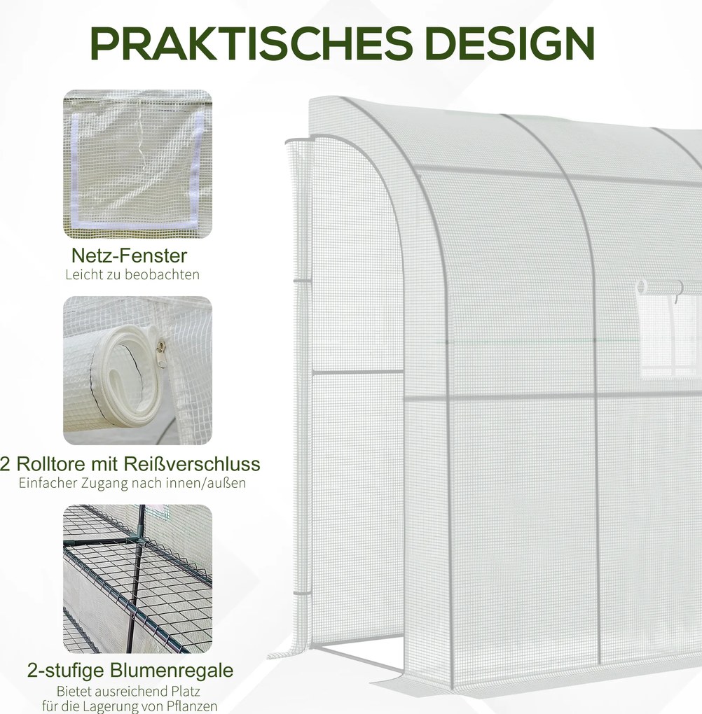 Outsunny fóliový skleník na rajčata 200x100x215cm s oknem ze síťoviny a rolovacími dveřmi UV ochrana v bílé barvě pro rostliny a zahradu