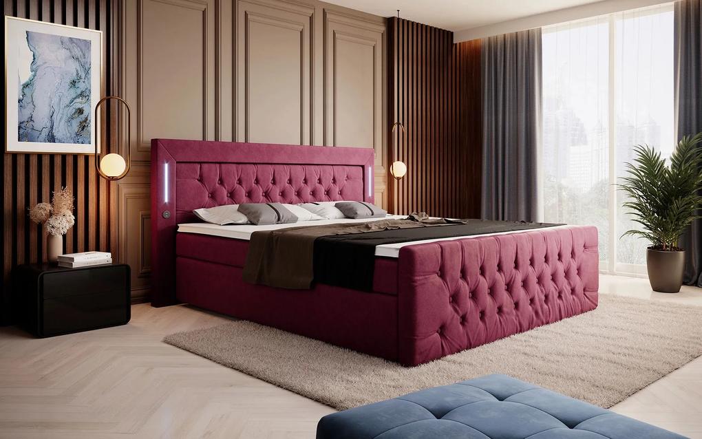 Boxspring postel ELEGANCE s úložným prostorem, LED a USB, samet Velikost postele: 140 × 200 cm, Barvy sametu: Bordó samet, Výběr matrace: Taštičková…