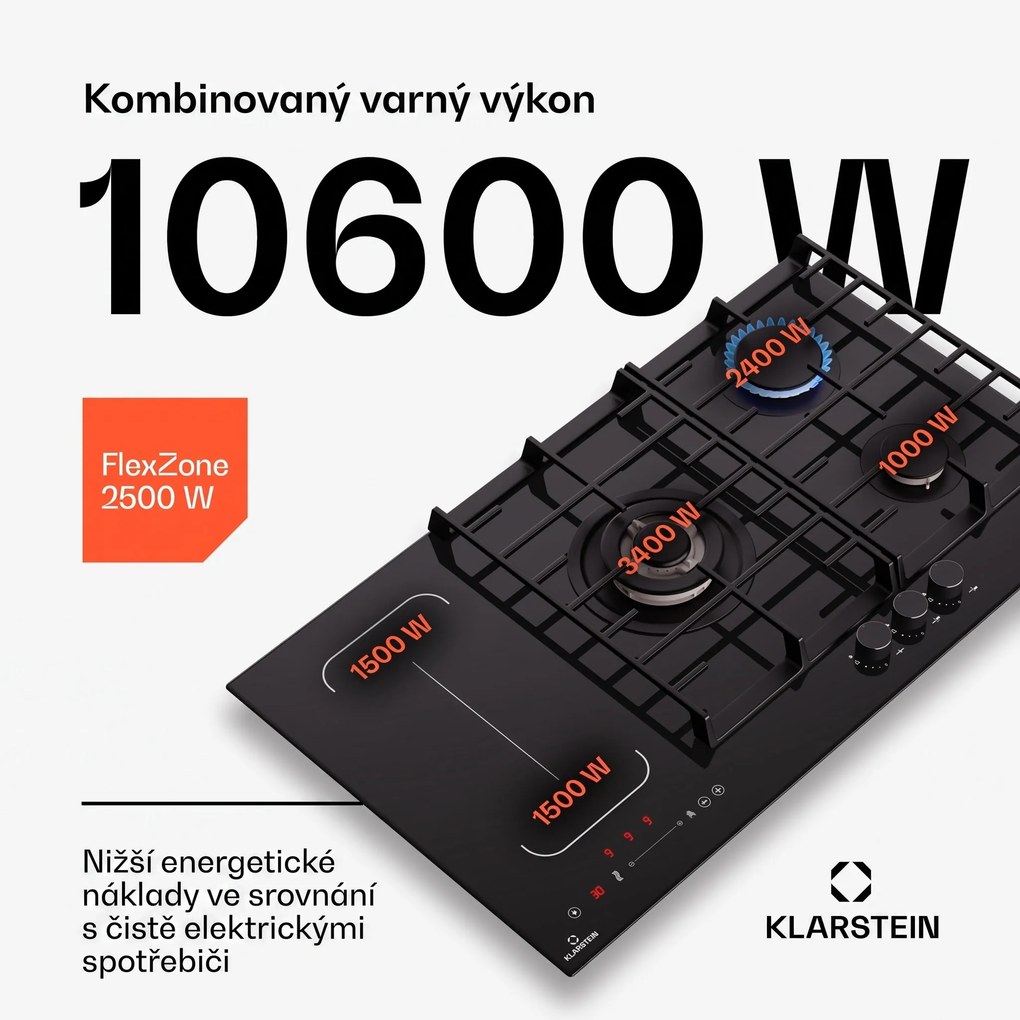 Klarstein MultiChef 5, indukční a plynová varná deska, 5 varných zón, 3 plynové hořáky, 2 indukční varné desky, FlexZone